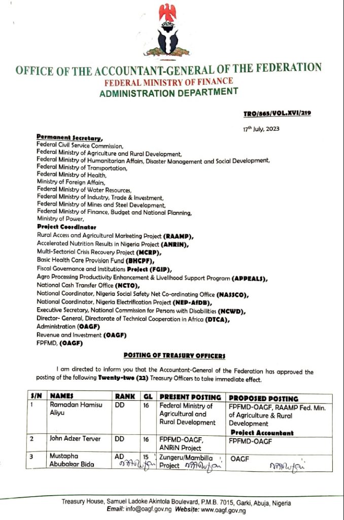Posting of Treasury Officers – The OAGF Website